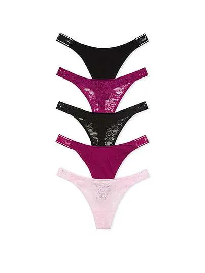 Pink 5-pack Lace-up Logo Thong Panties - Print