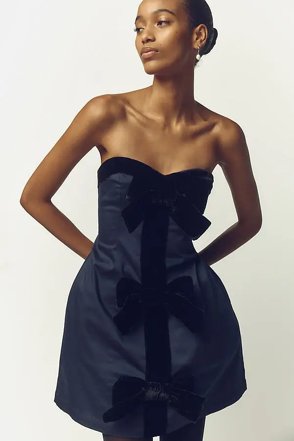 Maeve Strapless Bow Velvet Mini Dress In Blue - 72% Off | Editorialist
