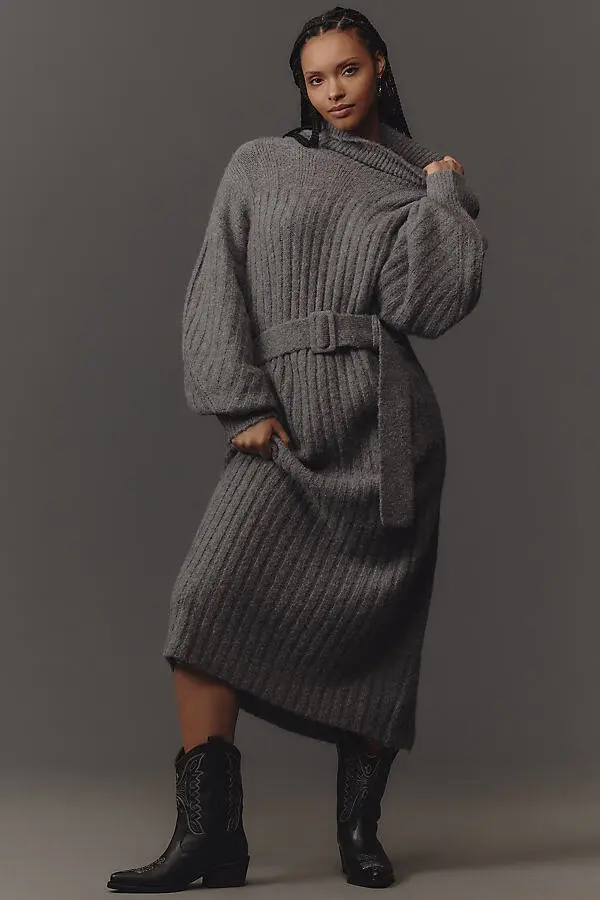 anthropologie grey dress Anthropologie Long-Sleeve Turtleneck Belted Sweater Midi Dress In Grey -  41% Off