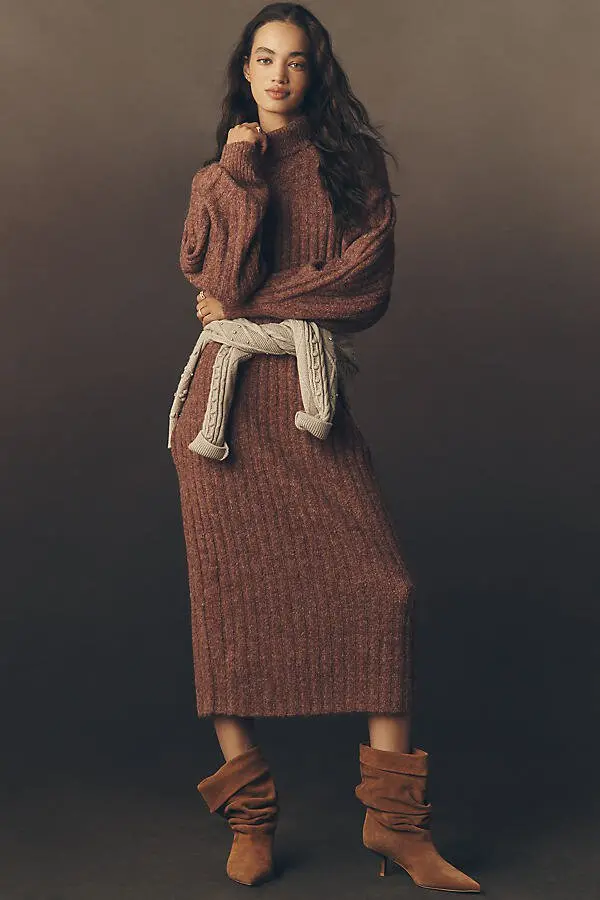 Anthropologie Long-sleeve Turtleneck Belted Sweater Midi Dress - Mauve