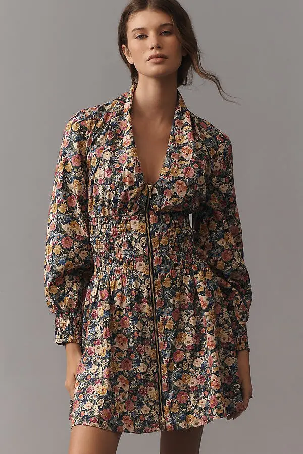 Anthropologie Mini Shirt Dress With Zip Front - Blue Floral