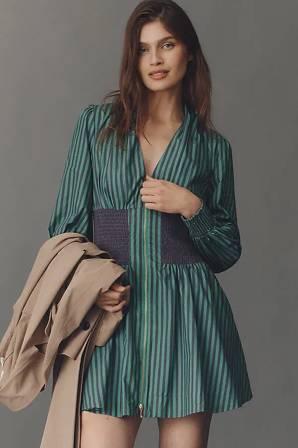 Anthropologie Tommie Long-sleeve Smocked Front-zip Mini Shirt Dress - Green Stripe
