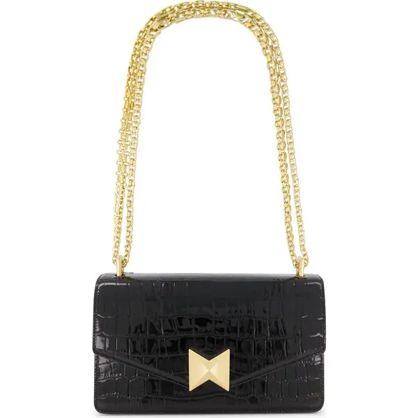 Mac Duggal Crocodile Embossed Leather Shoulder Bag With Gold Chain - Black