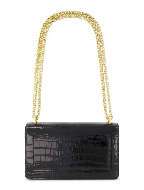 Mac Duggal Crocodile Embossed Leather Shoulder Bag With Gold Chain - Black
