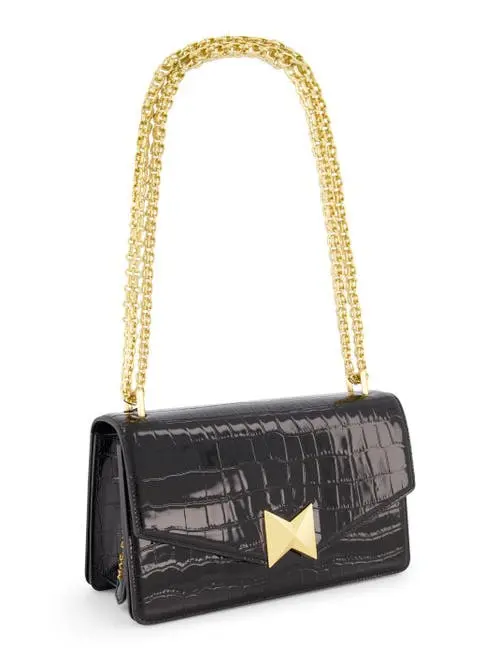 Mac Duggal Crocodile Embossed Leather Shoulder Bag With Gold Chain - Black