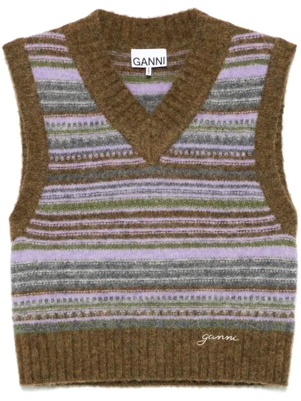 GANNI Striped Knit Vest - Brown