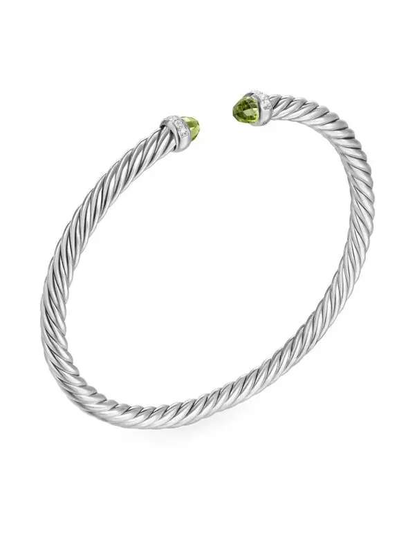 David Yurman Sterling Cablespira Peridot And Diamonds Bracelet - Silver