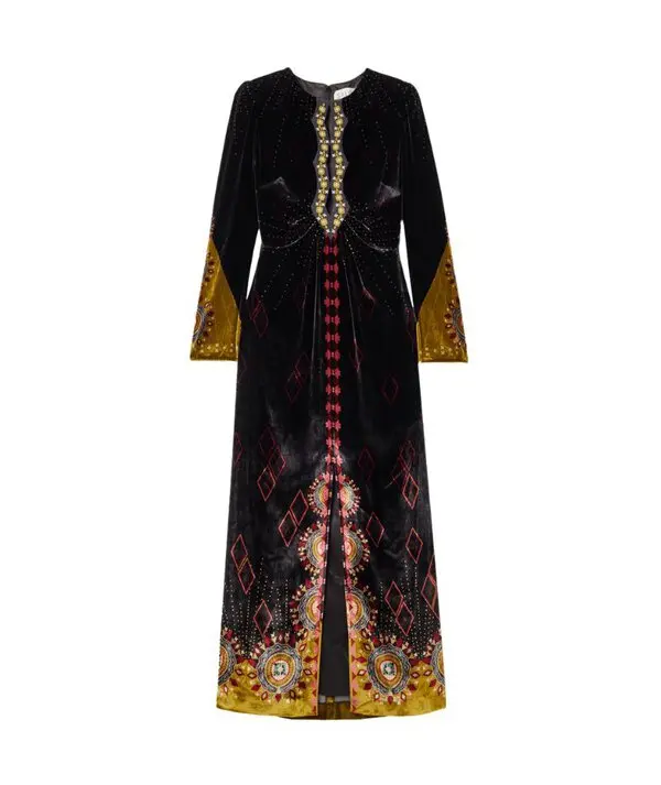Saloni Jinx C Silk-Trimmed Printed Velvet Midi Dress - Black | Editorialist