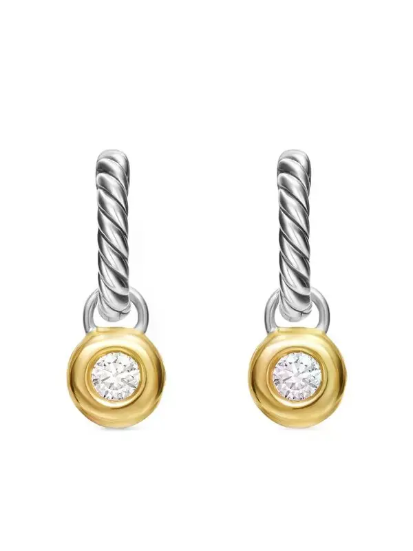 David Yurman 14kt Yellow Gold And Sterling Petite Cable Diamond Huggie Earrings - Silver