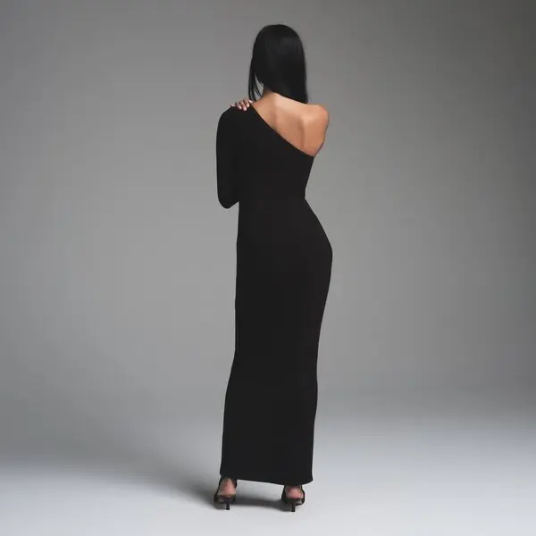 skims one shoulder long dress SKIMS One Shoulder Long Sleeve Maxi Dress Black XS Bodycon Stretch  Minimalist