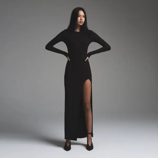 Skims Soft Lounge Long Sleeve Slit Dress - Onyx | Editorialist