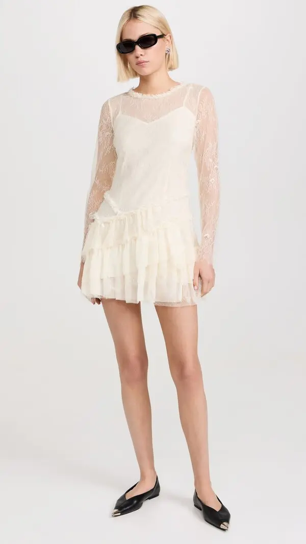 chinese dress ladies White Floral Eyelet Babydoll Mini Dress - Ivory Lace Detail main image 1