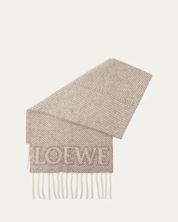Loewe Logo Fringe Wool-blend Scarf - Beige/ecru