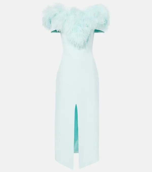 David Koma Off-shoulder Feather-trimmed Midi Dress