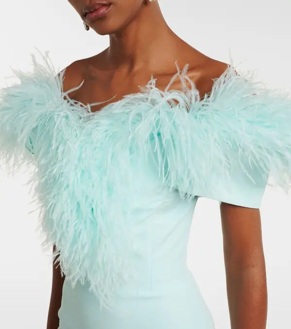 David Koma Off-shoulder Feather-trimmed Midi Dress