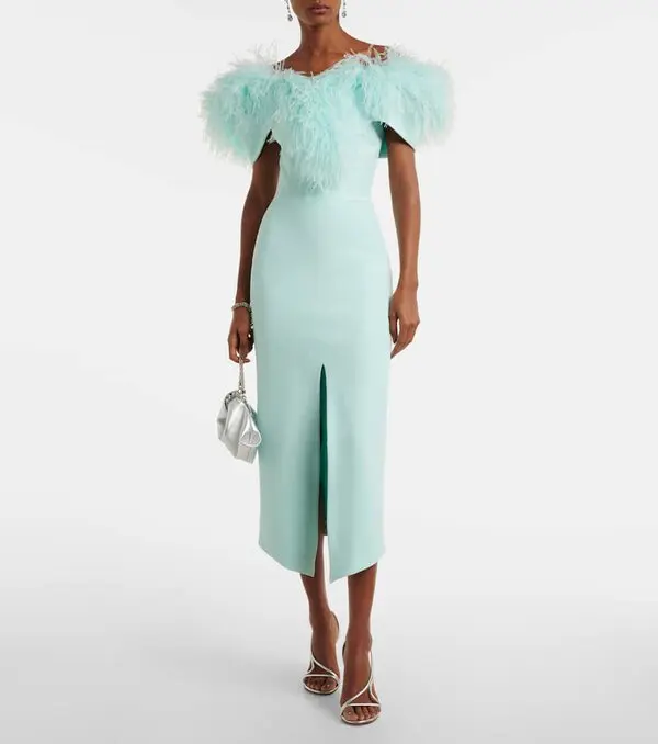 David Koma Off-shoulder Feather-trimmed Midi Dress