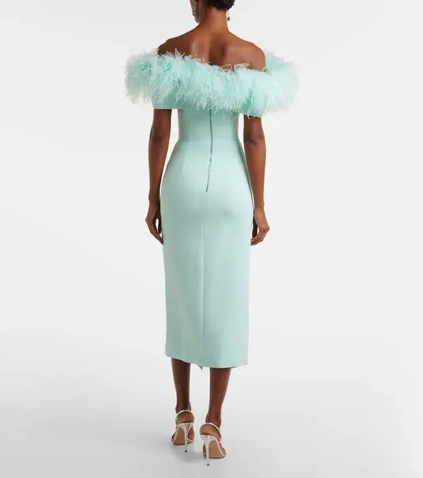 David Koma Off-shoulder Feather-trimmed Midi Dress