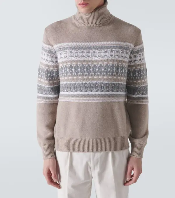 Zegna Jacquard Cashmere Turtleneck Sweater - Beige