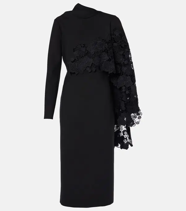 Oscar De La Renta Floral Guipure Wool Midi Dress - Black