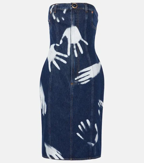 AREA Printed Strapless Denim Midi Dress - Blue