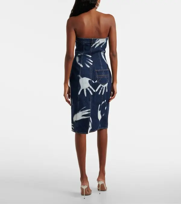 AREA Printed Strapless Denim Midi Dress