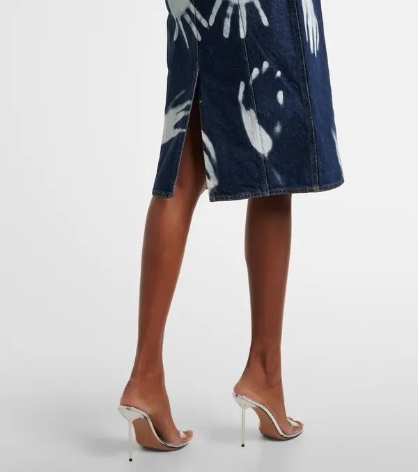AREA Printed Strapless Denim Midi Dress