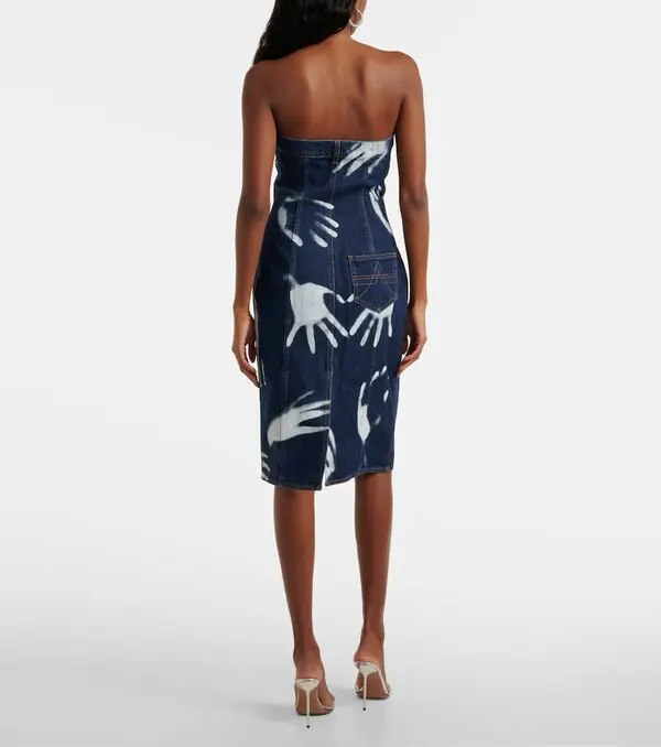 AREA Printed Strapless Denim Midi Dress