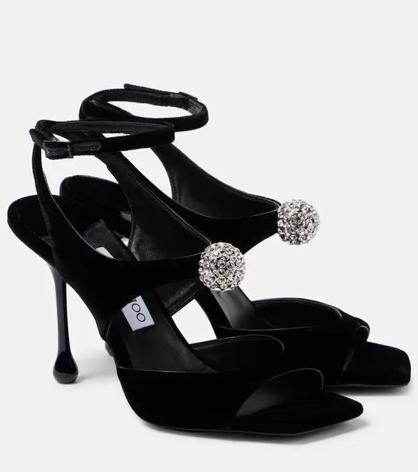 JIMMY CHOO Orb 95 Embellished Velvet Sandals - Black