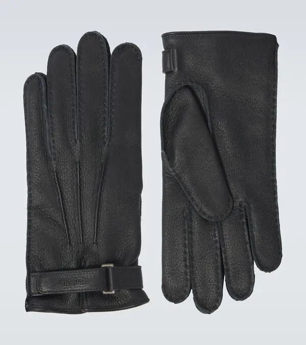Zegna Embossed Leather Gloves - Black