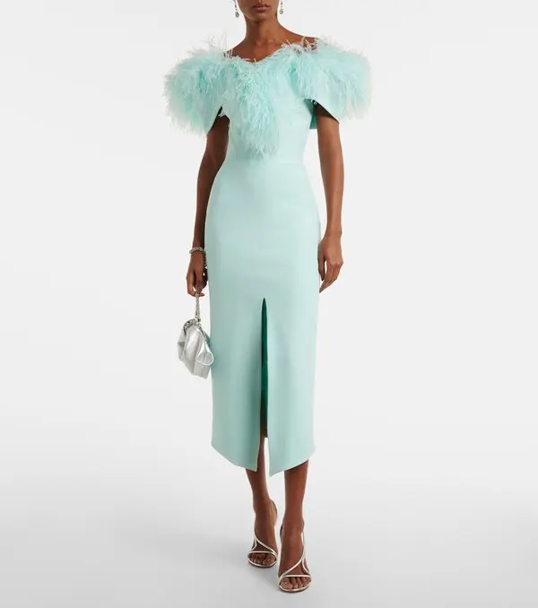 David Koma Off-shoulder Feather-trimmed Midi Dress