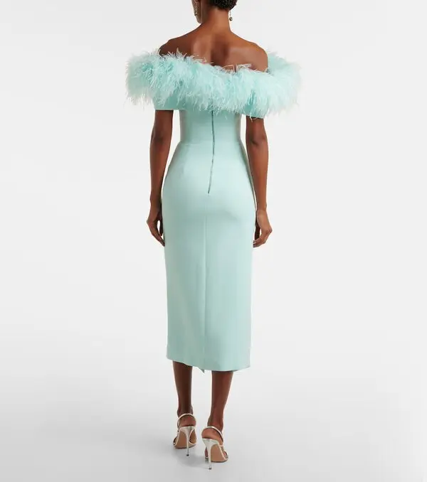 David Koma Off-shoulder Feather-trimmed Midi Dress