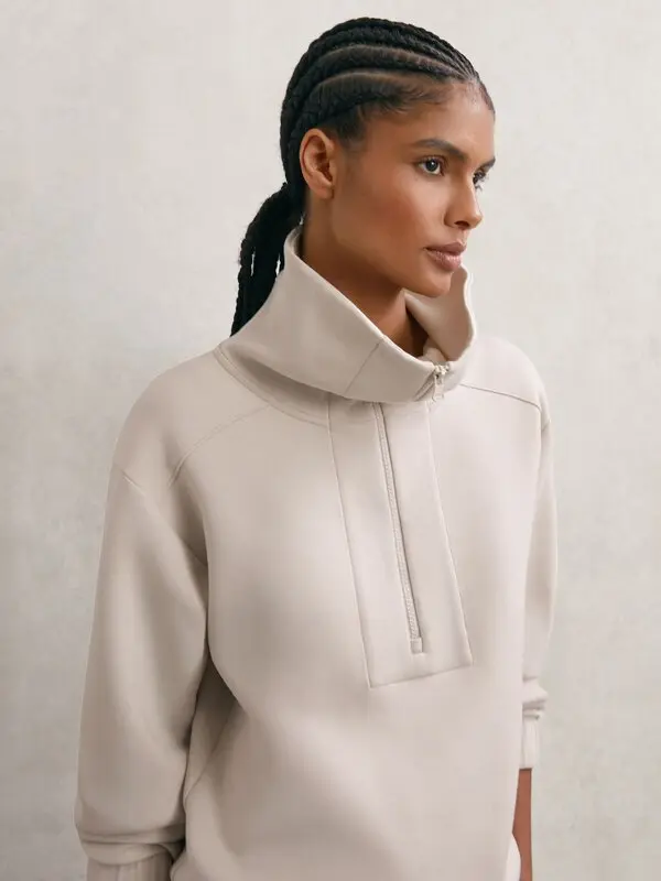 REISS Premium Interlock Half-zip Sweatshirt - Stone Neutral
