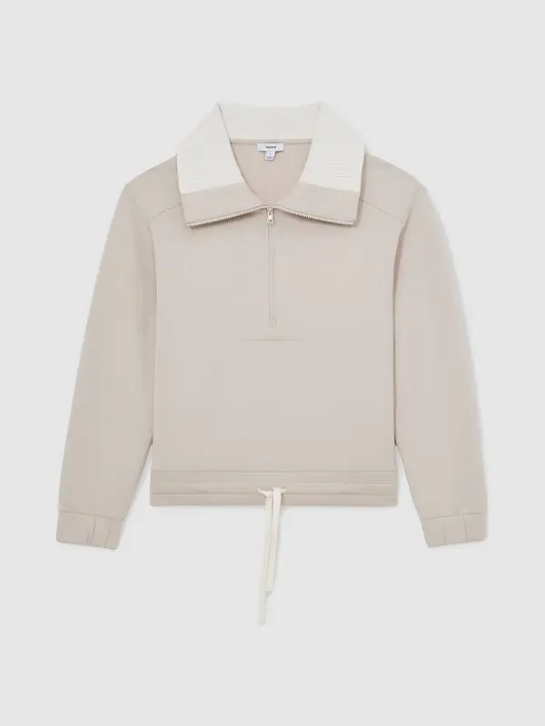 REISS Premium Interlock Half-zip Sweatshirt - Stone Neutral