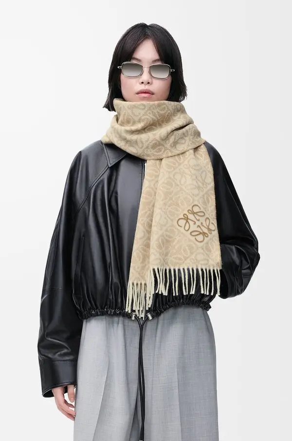 Loewe Anagram Scarf In Wool And Cashmere - Beige