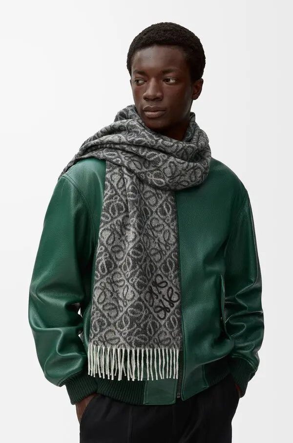 Loewe Anagram Scarf In Wool And Cashmere - Dark Grey