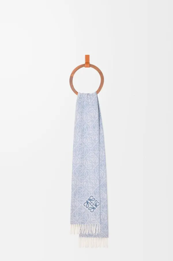 Loewe Anagram Scarf In Wool And Cashmere - Light Blue