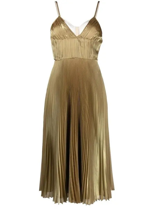 Prada Technical Voile Pleated Midi Dress - Gold