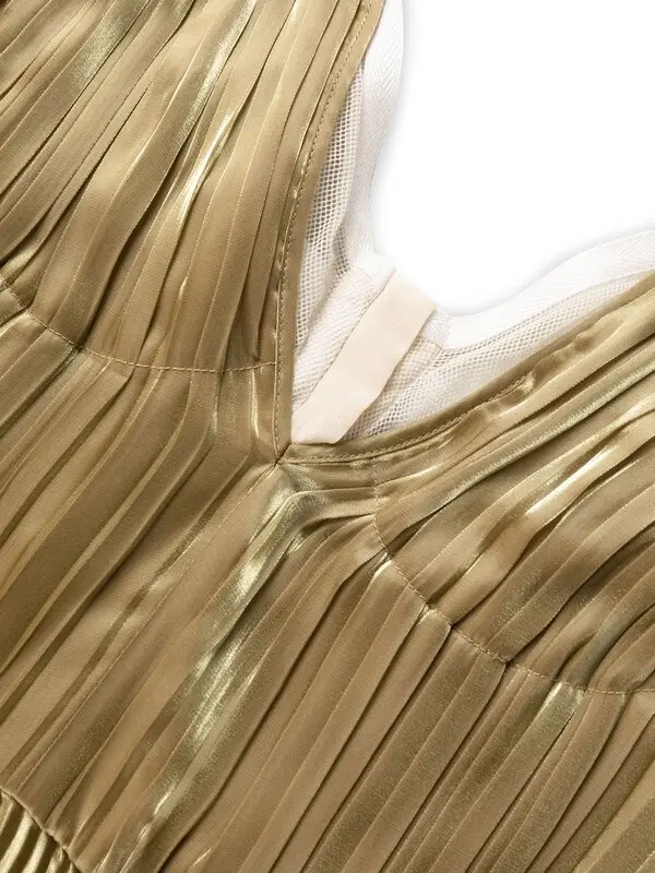 Prada Technical Voile Pleated Midi Dress - Gold