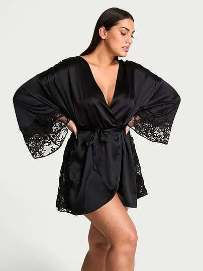 Victoria's Secret Dream Angels Satin & Lace Trim Robe - Black