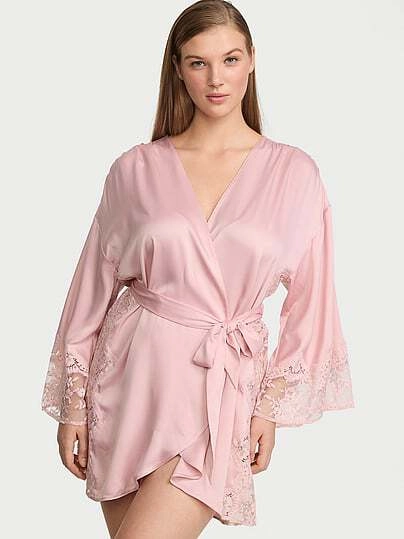 Victoria's Secret Dream Angels Satin & Lace Trim Robe - Pink