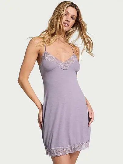 Victoria's Secret Sosoft™ Modal Ribbed Lace-trim Cross-back Slip Dress - Purple