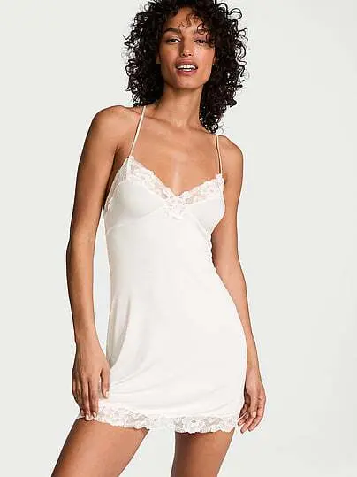 Victoria's Secret Sosoft™ Modal Ribbed Lace-trim Cross-back Slip Dress - White,ivory