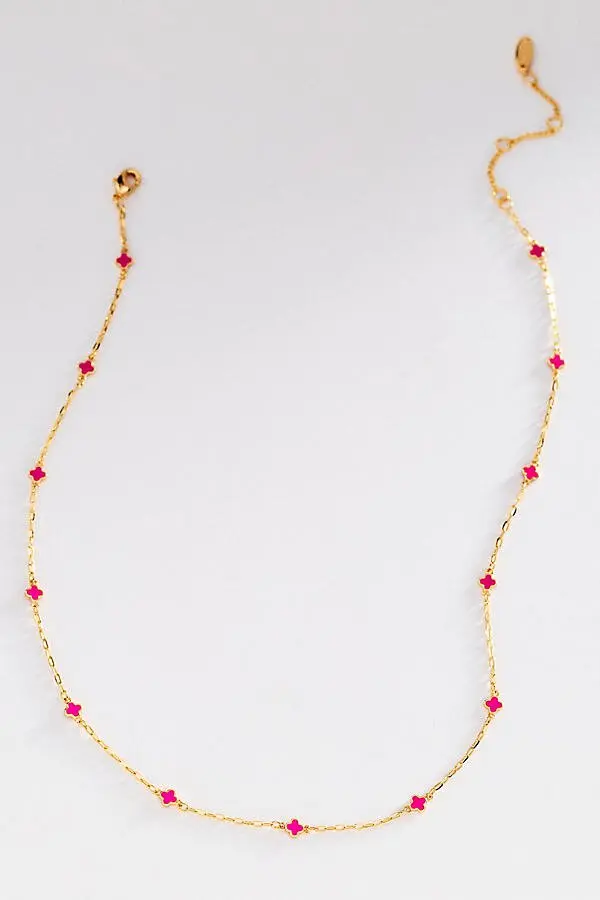 Anthropologie Tiny Clover Chain Necklace - Neon Pink