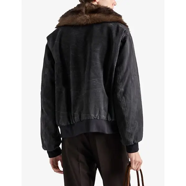 Prada Shearling-Collar Zip-Up Denim Blouson Jacket - Black