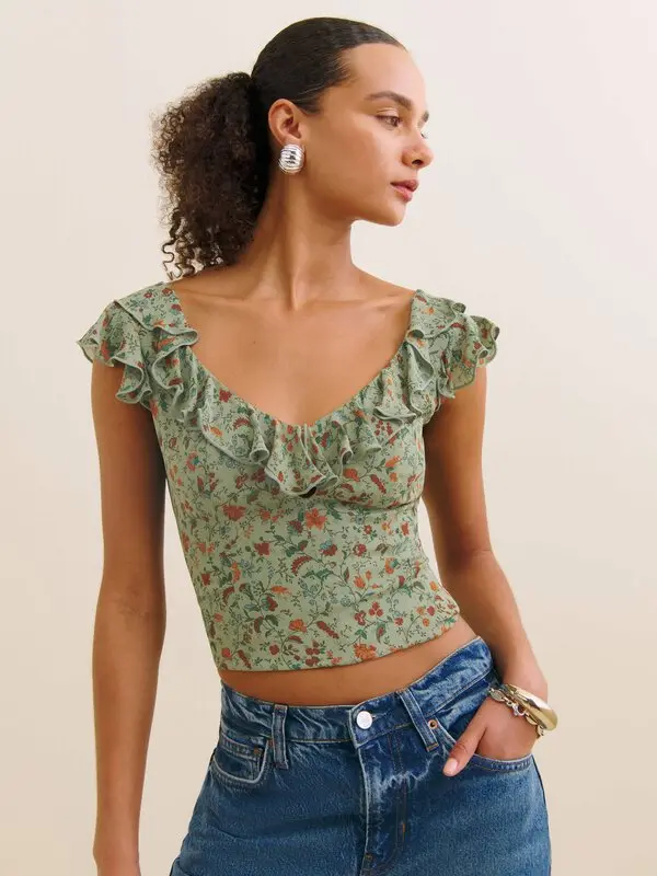 REFORMATION Cala Top With Ruffled V-neckline - Green