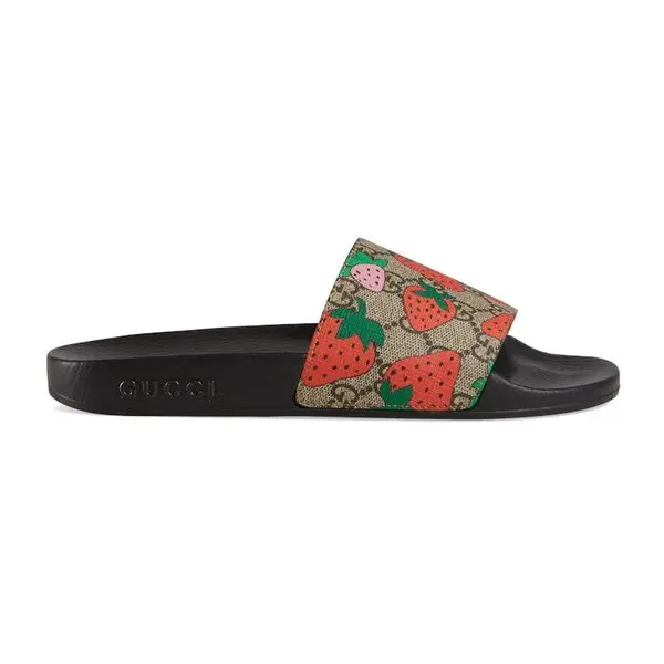 Gucci Strawberry Print Slides - Brown/black