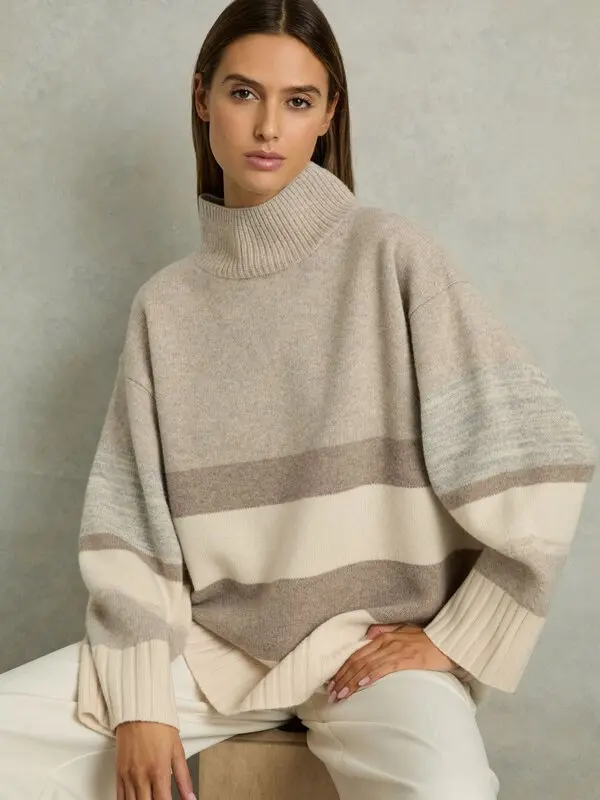REISS Wool Funnel-neck Striped Jumper - Neutral