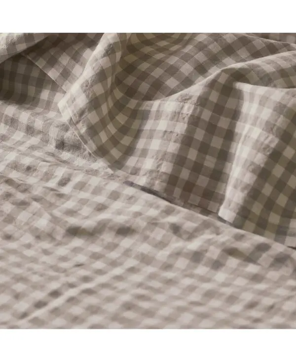 PIGLET IN BED Gingham Linen Flat Sheet - Mushroom Gingham