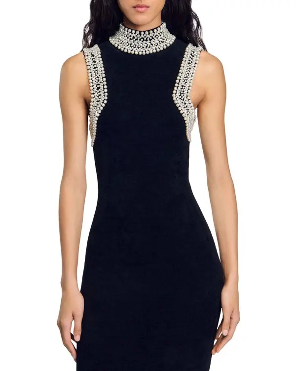 Sandro Embellished Velvet Knit Dress In Black - 20% Off | Editorialist