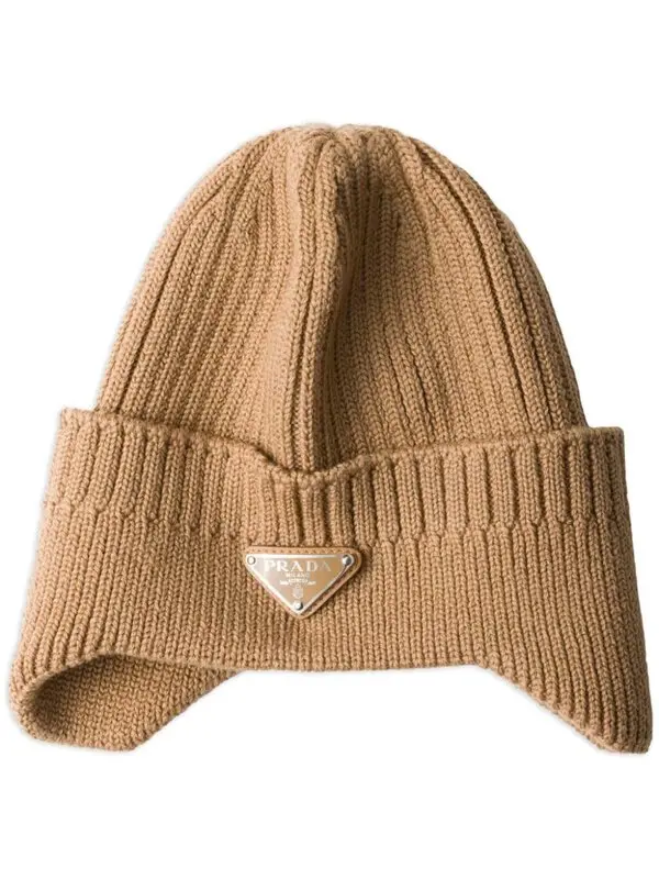 Prada Enamel-logo Wool Beanie - Brown